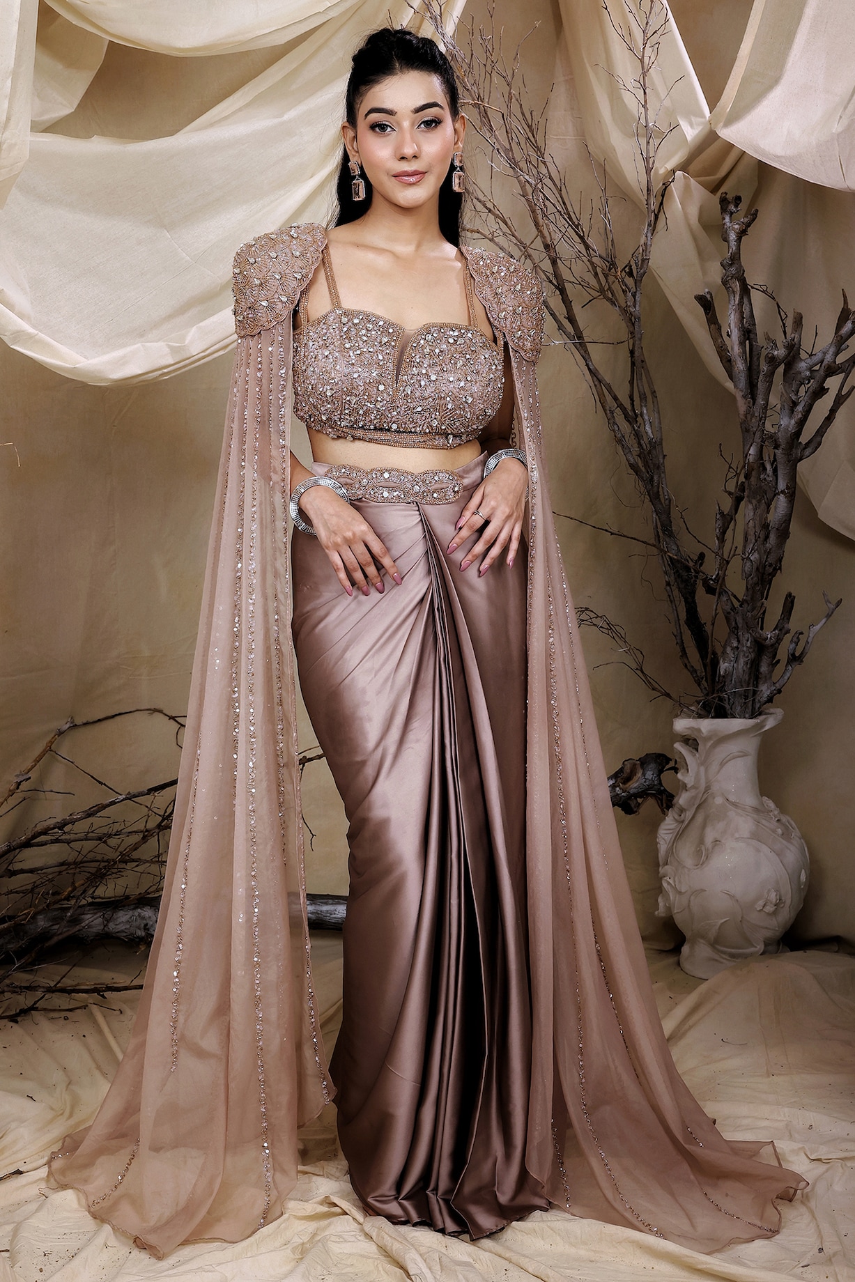 Mauve Italian Satin Sequins Hand Embroidered Cape Set by LASHA at ...