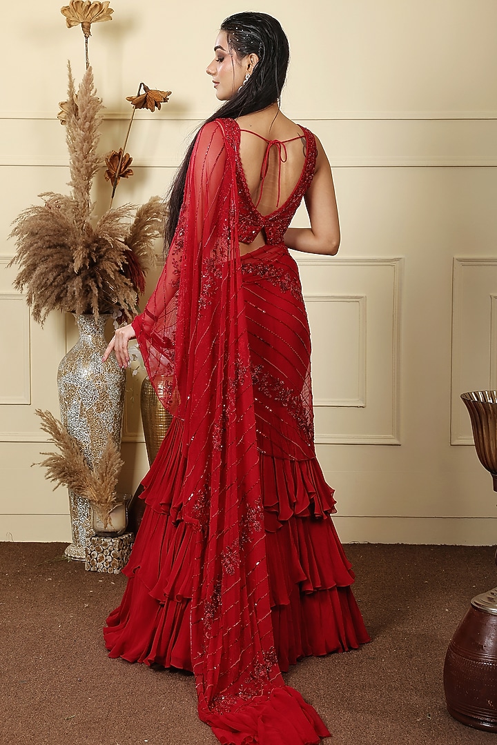 Red Georgette & Tulle Layered Mermaid Cut Wedding Lehenga Set by LASHA ...