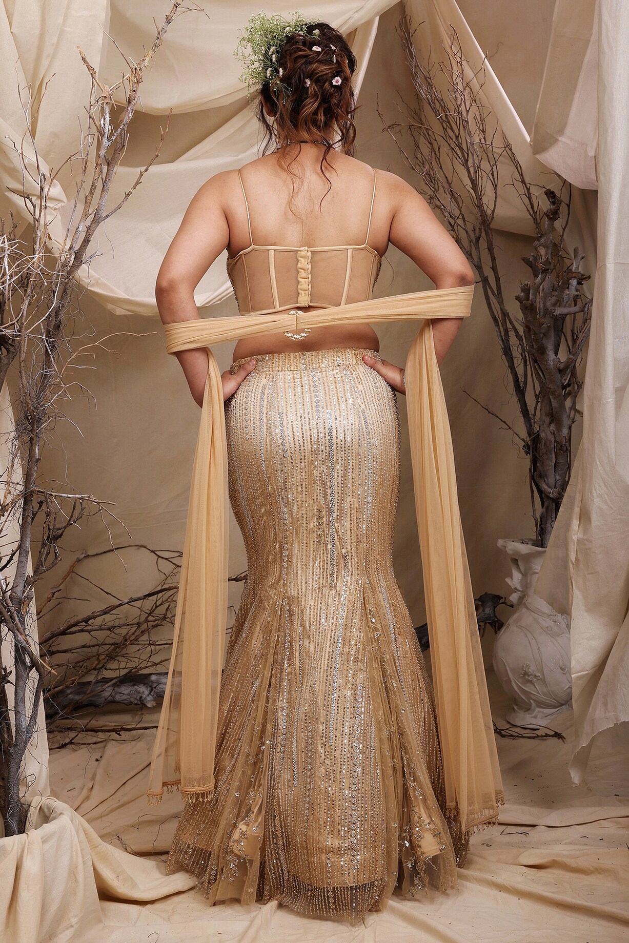 Gold Satin Crystal Hand Embroidered Mermaid Wedding Lehenga Set by ...