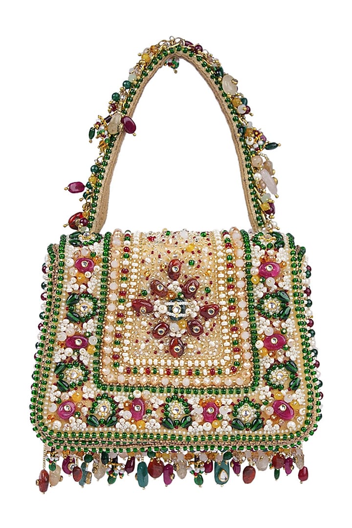 Ruby Red & Emerald Green Velvet Embellished Trapezium Clutch by ...