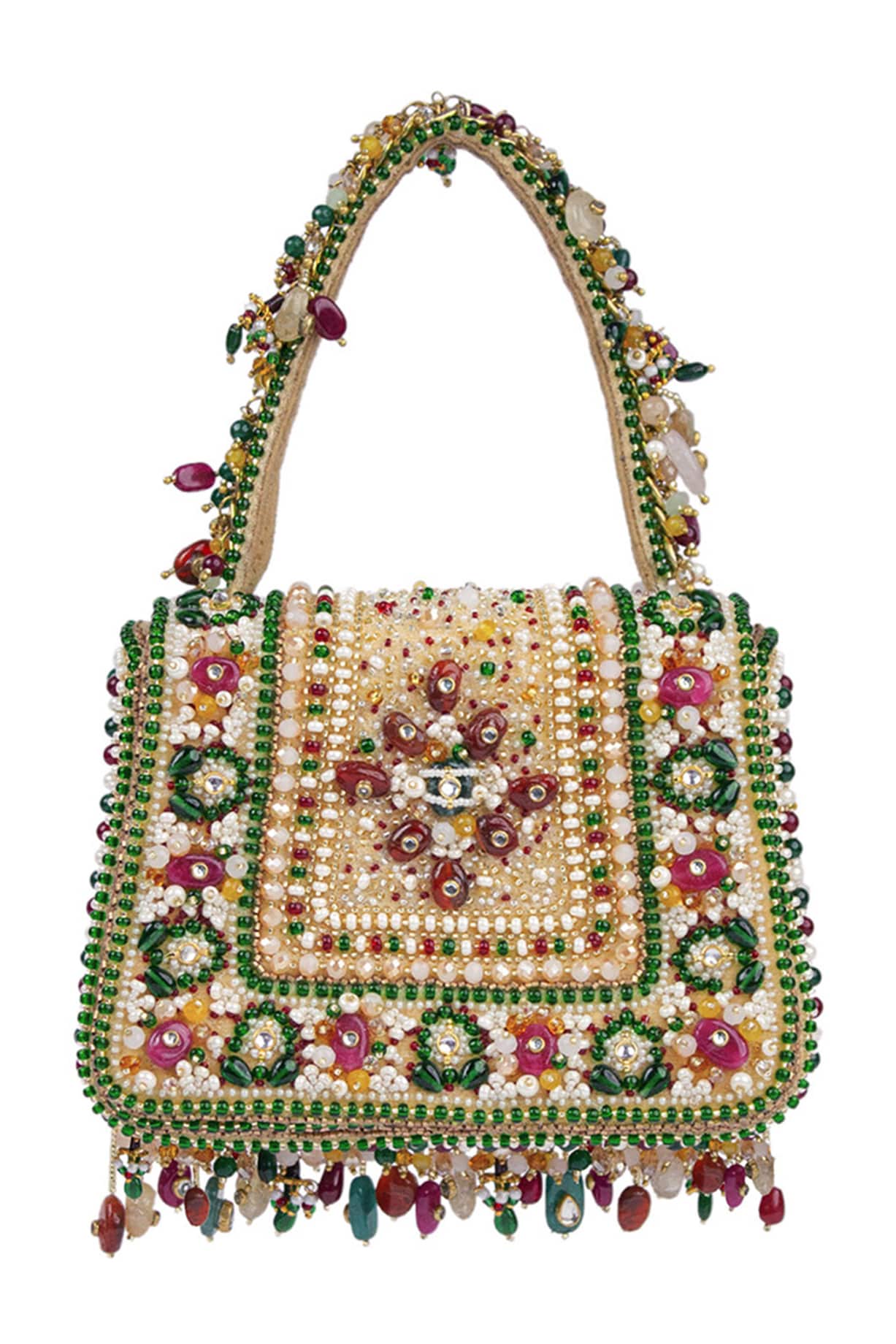 Ruby Red & Emerald Green Velvet Embellished Trapezium Clutch by ...