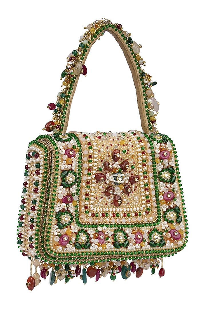 Ruby Red & Emerald Green Velvet Embellished Trapezium Clutch by ...