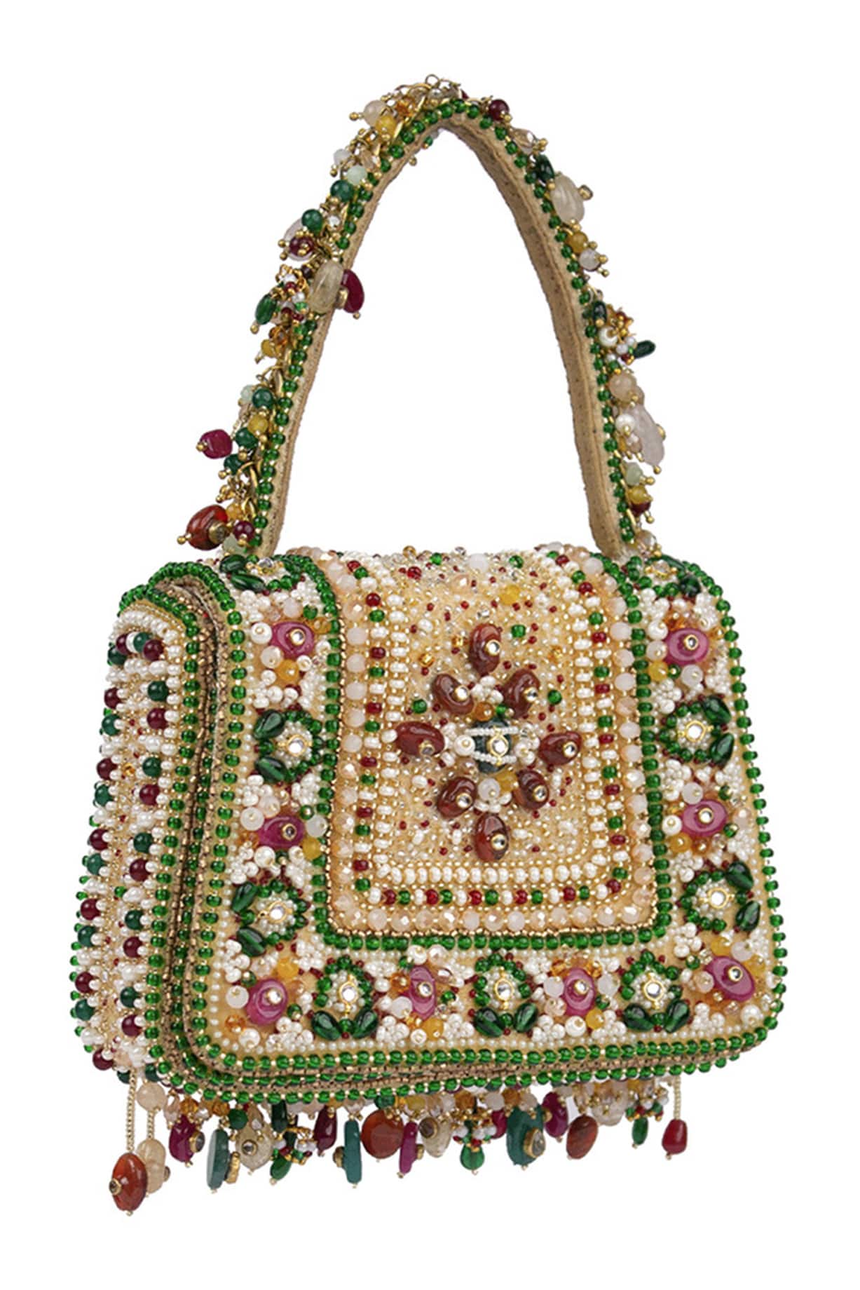 Ruby Red & Emerald Green Velvet Embellished Trapezium Clutch by ...