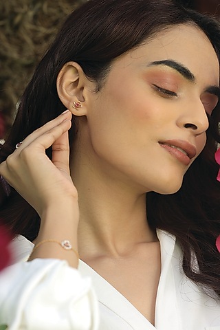 Gold Plated Lab-Grown Ruby Stone Floral Stud Earrings In Sterling ...