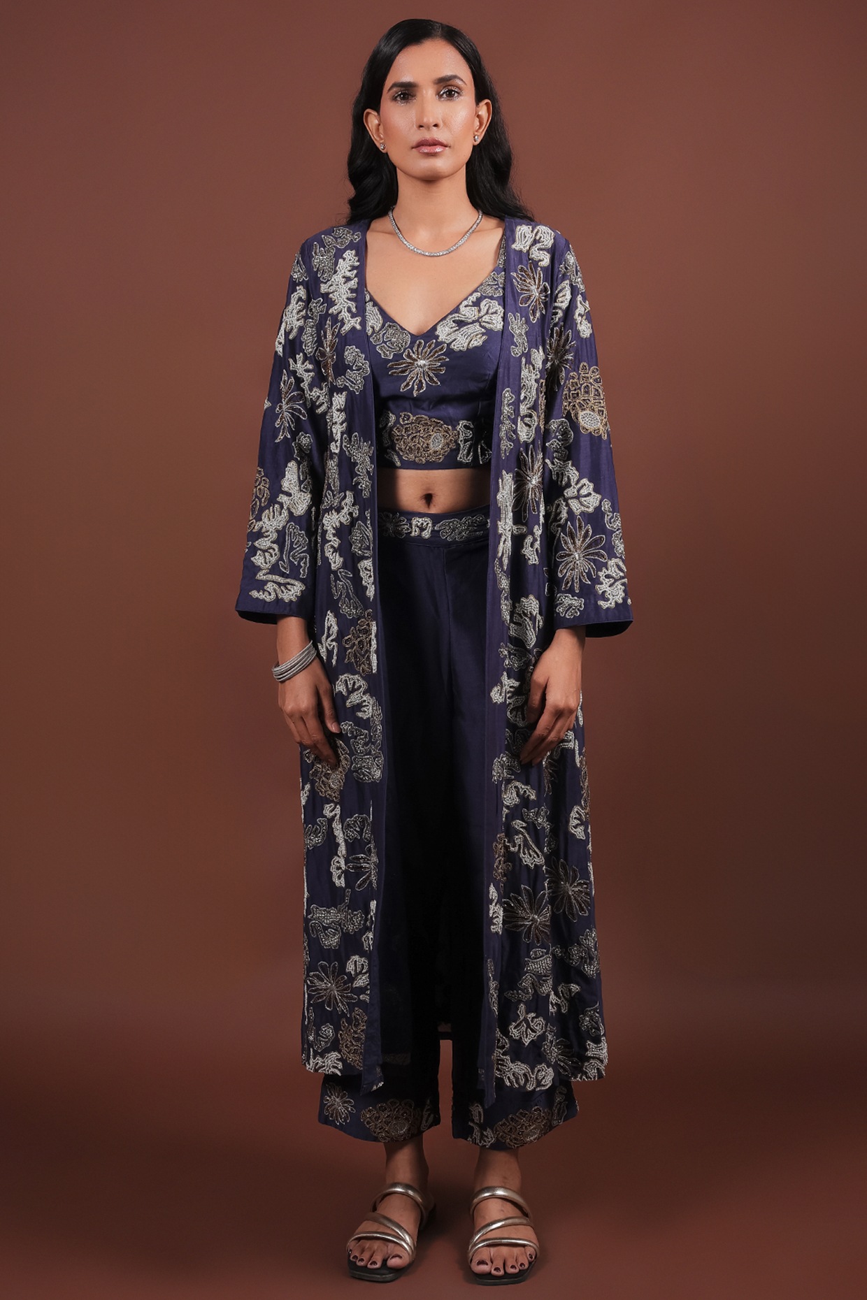 Navy Blue Cotton Silk Zari & Dabka Embroidered Jacket Set by LABEL ...