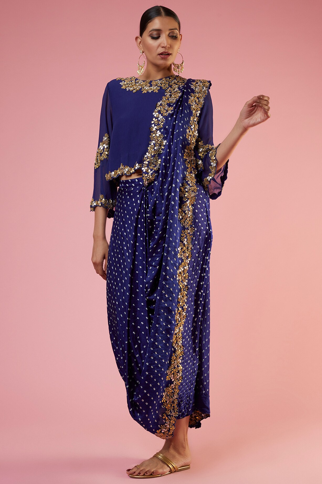 Royal Blue Silk Satin Bandhani Printed Draped Dhoti Saree Set by Mahi ...