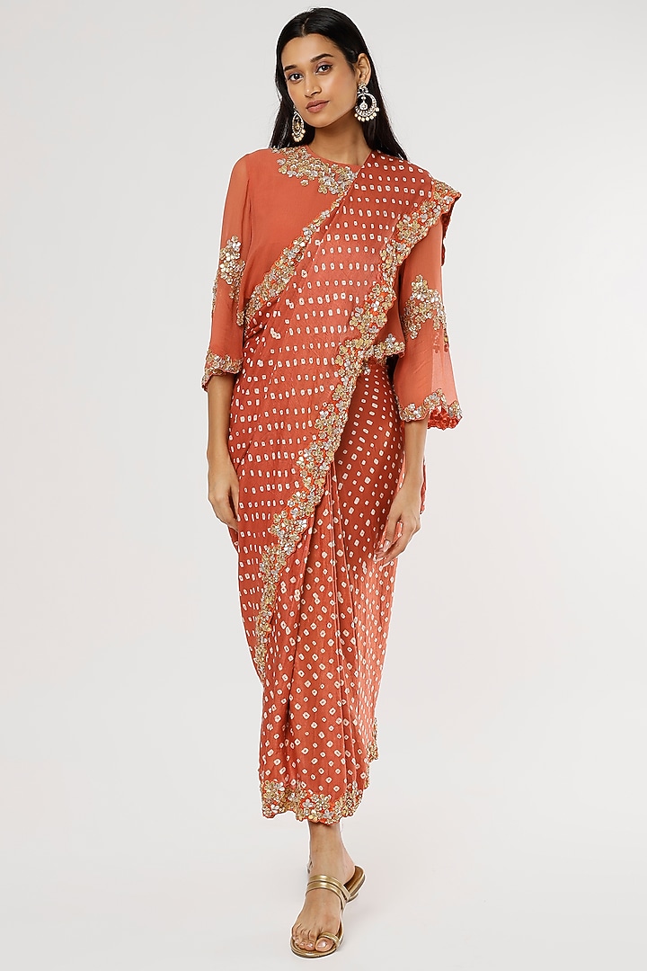 Rust Orange Printed & Embroidered Pre-Stitched Draped Saree Set by Mahi ...