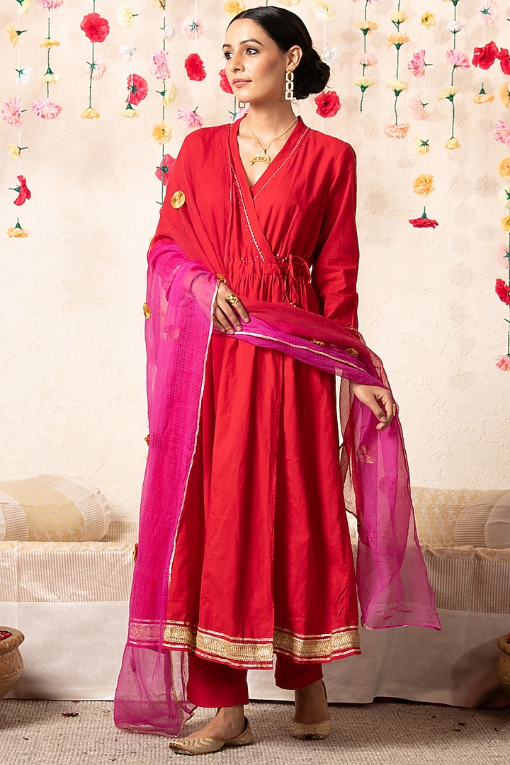 Red Cotton Embellished Angrakha Kurta Set by Marche at Pernia's Pop Up ...