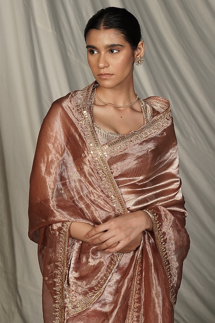 Brown Glass Tissue & Banarasi Crush Tissue Embroidered Saree Set by ...