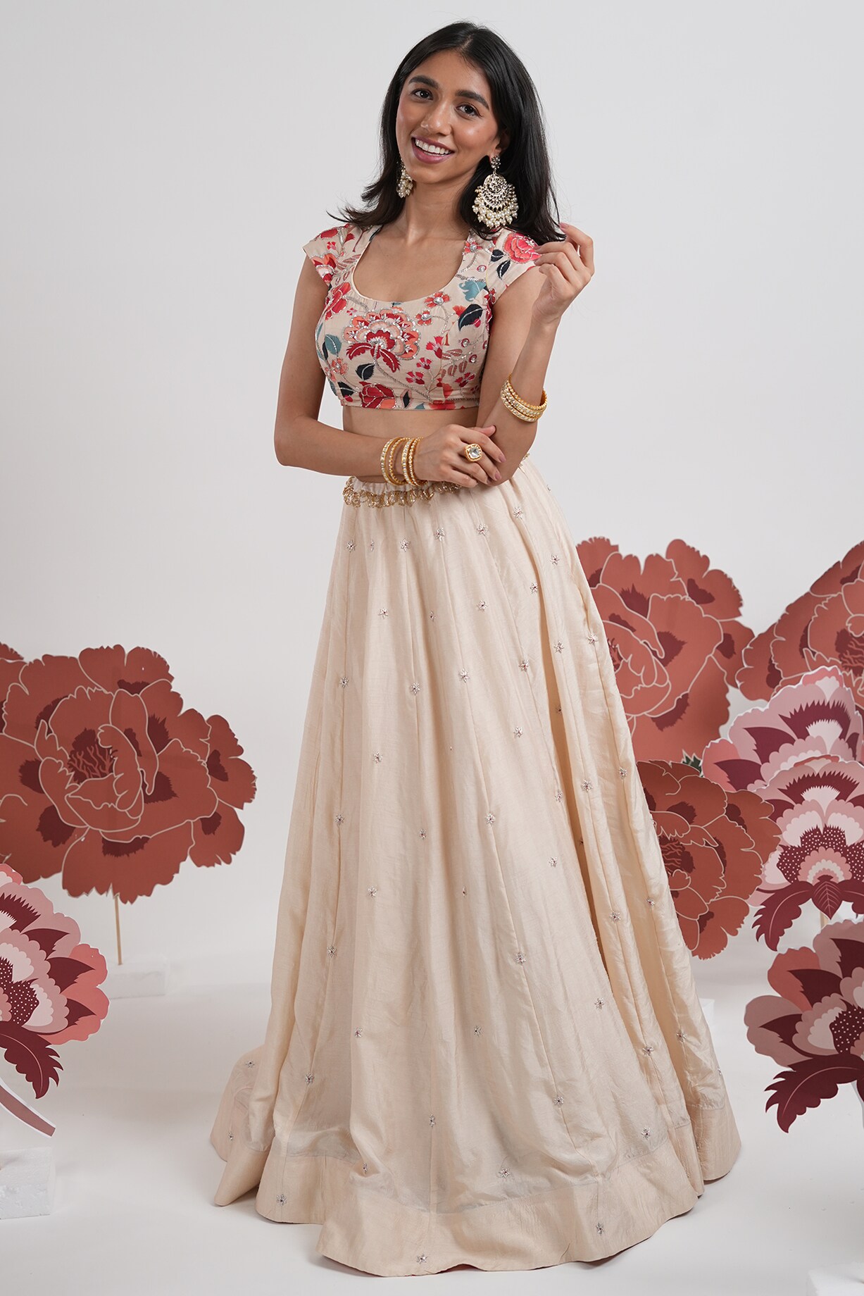 Ivory-Beige Dola Silk Motif Embroidered Wedding Lehenga Set by Mansi ...