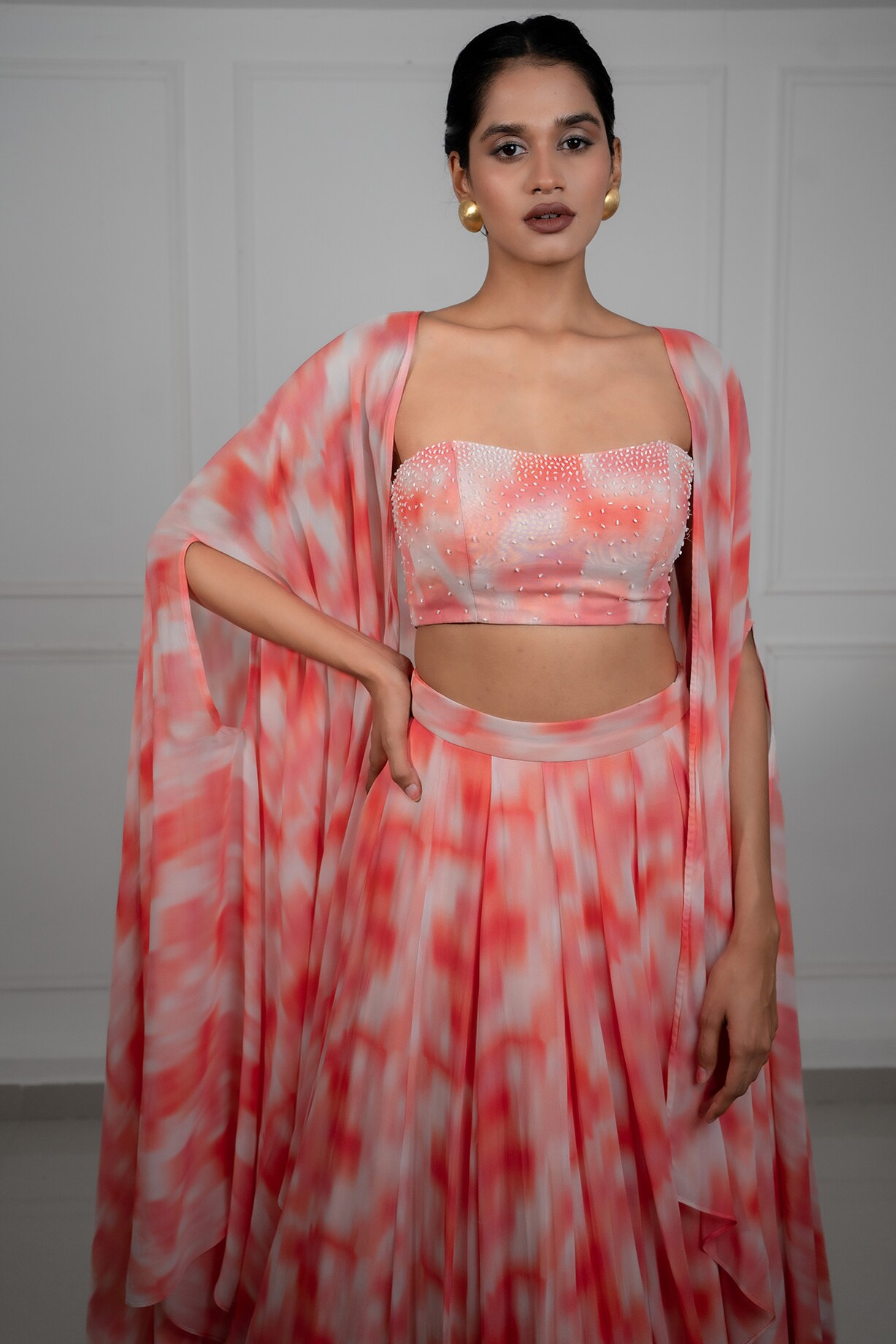 Peach Pink Georgette Printed Jacket Wedding Lehenga Set by Mansi Gajjar ...