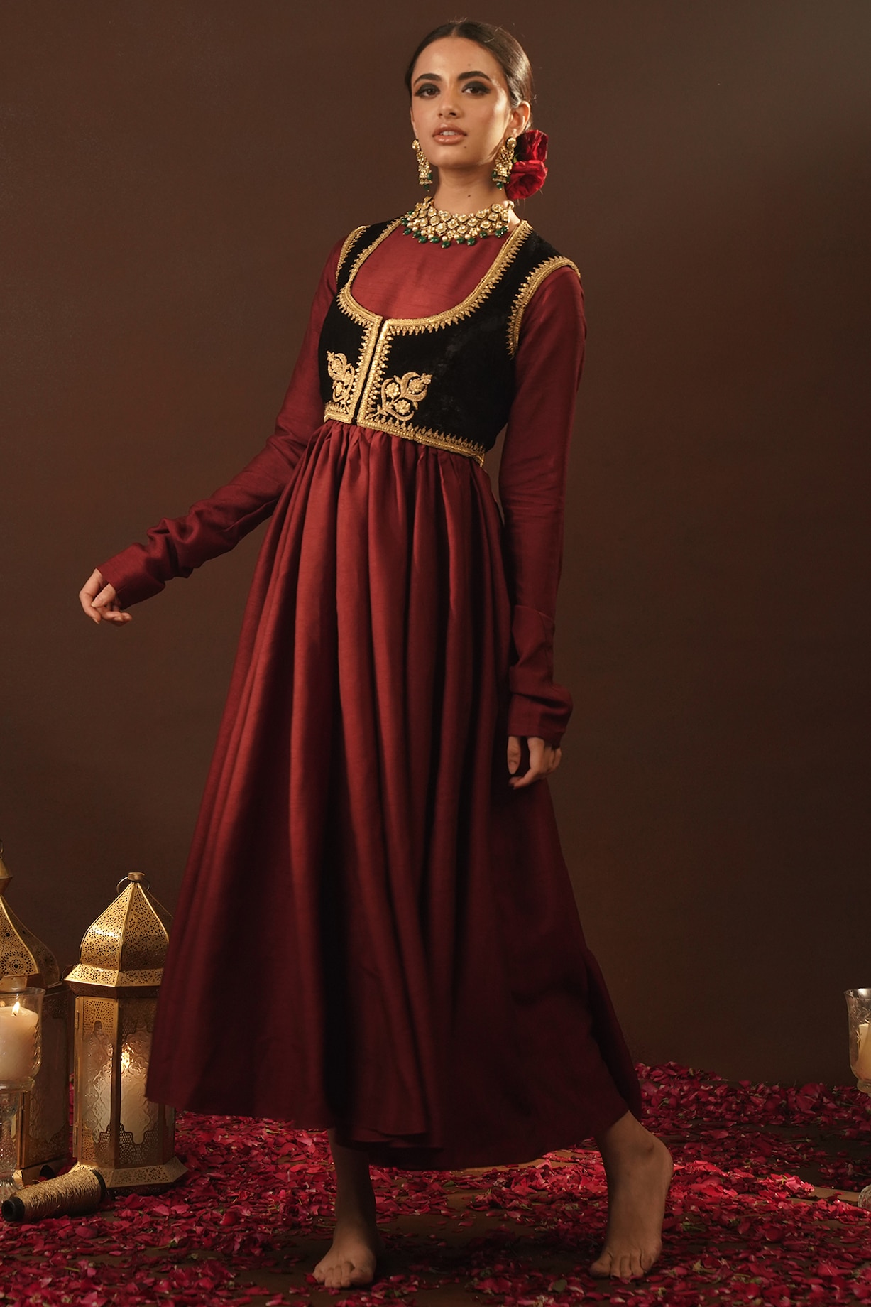 Maroon Dupion Silk Anarkali With Koti by Mansi Gajjar at Pernia's Pop ...