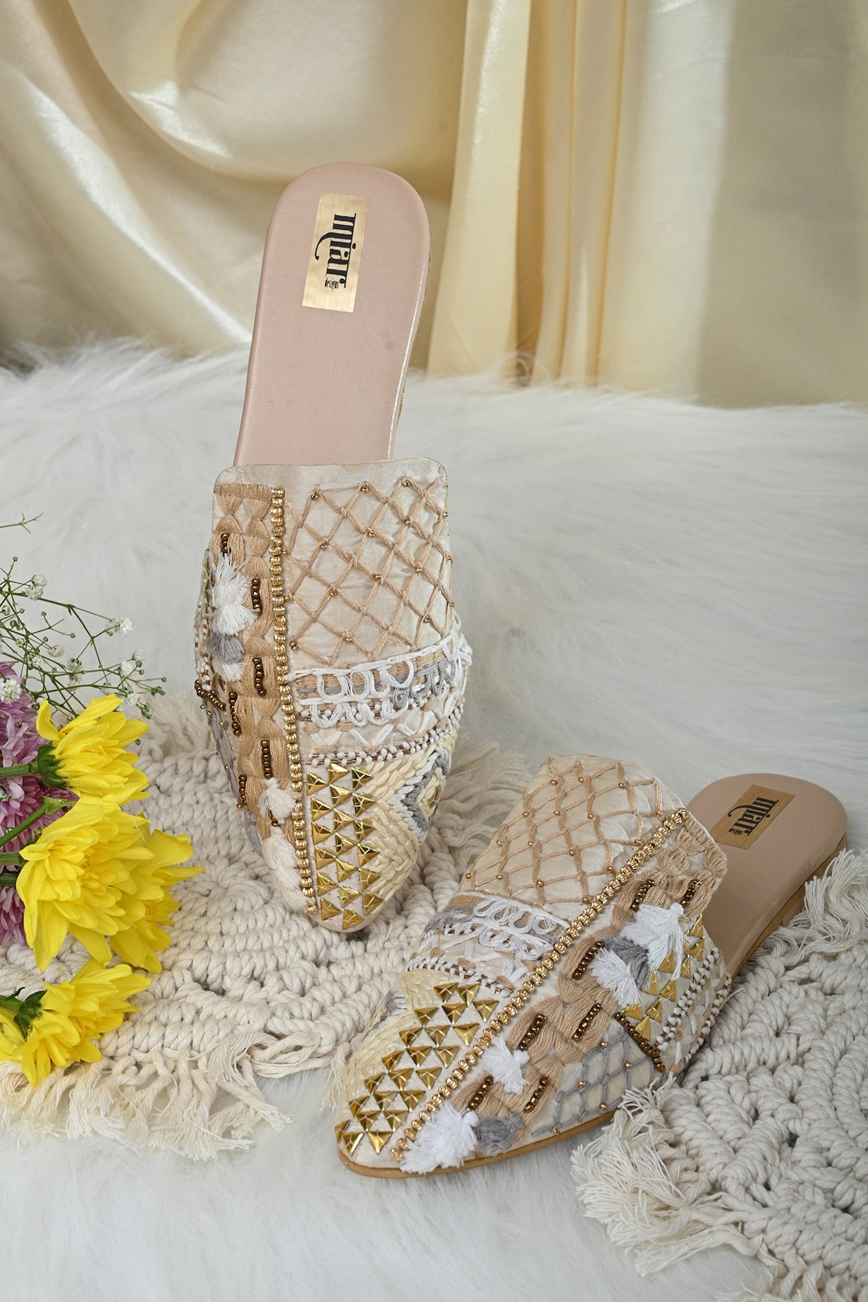 Ivory Faux Leather Embellished Mules by Miar Designs at Pernia's Pop Up ...