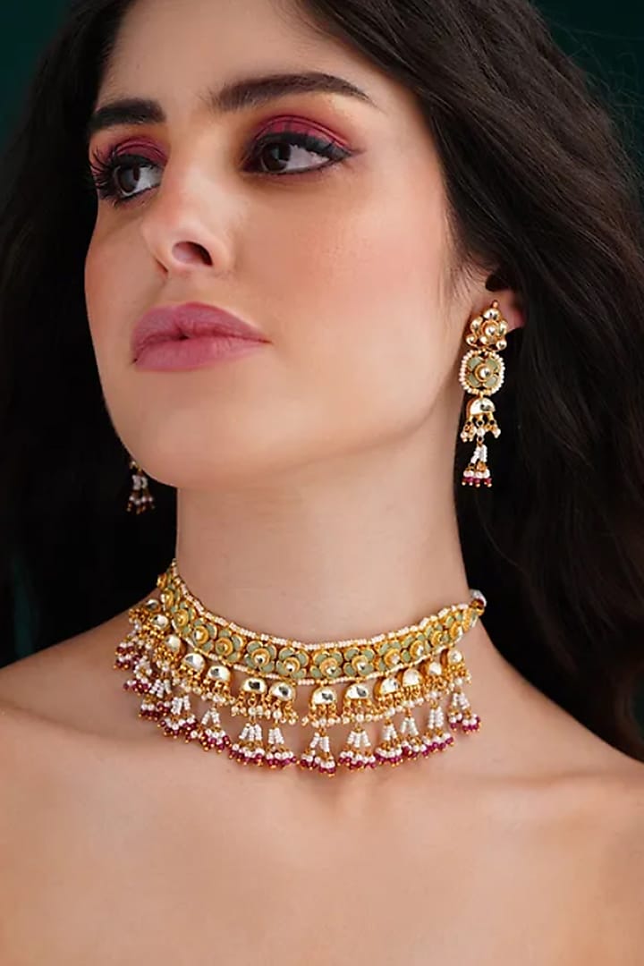 Gold Finish Beaded & Kundan Polki Choker Necklace Set by Maisara Jewelry at Pernia's Pop Up Shop ...