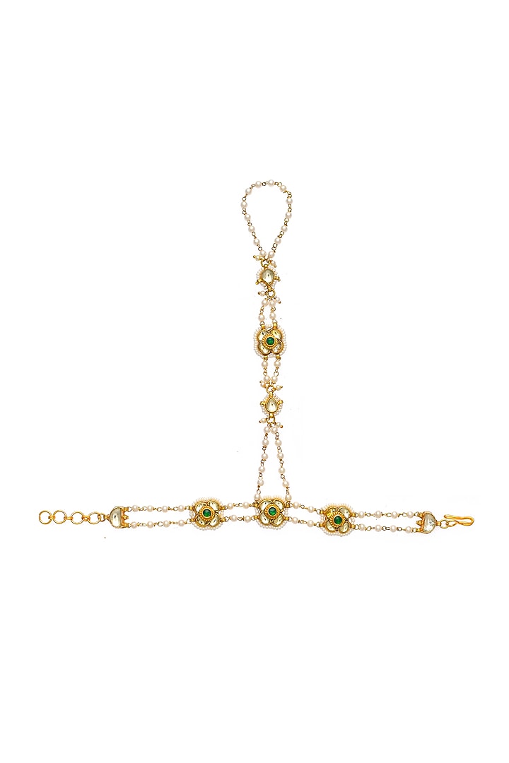 Gold Finish Kundan Polki & Green Jadau Hathphool (Set Of 2) Design by ...