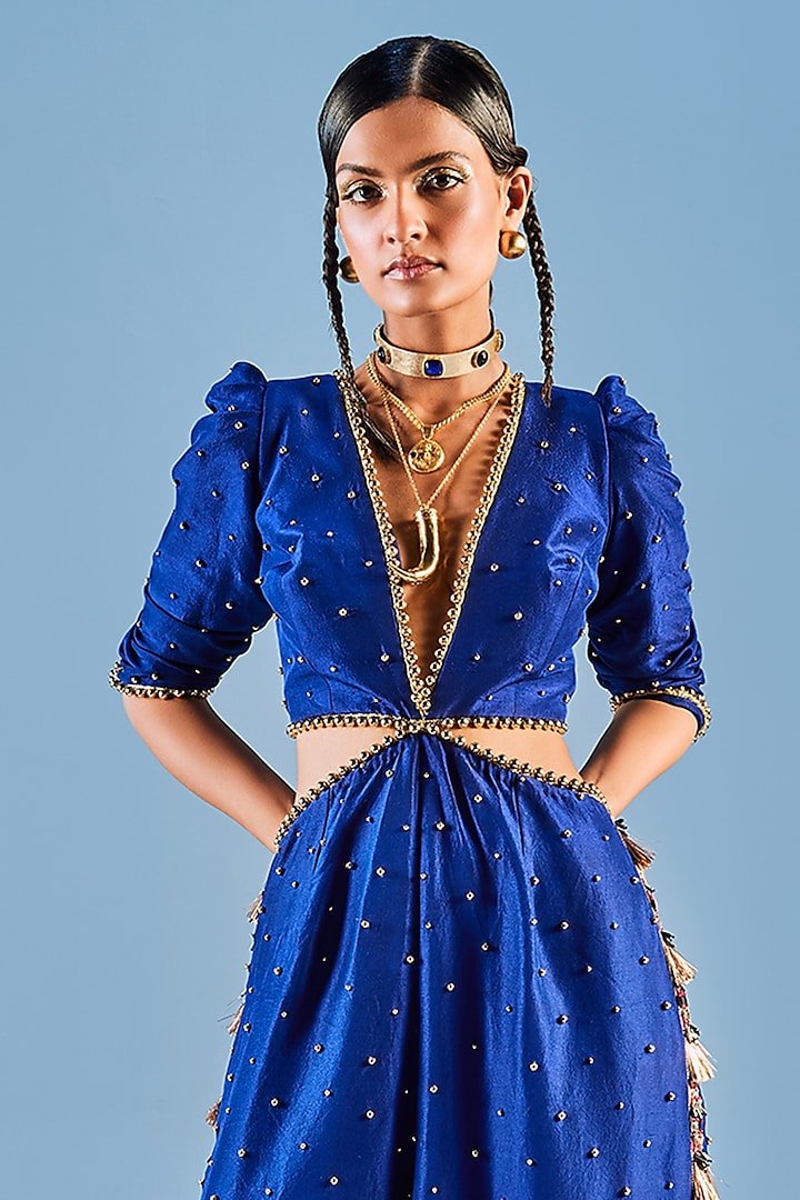 Electric Blue Dupion Silk & Art Silk Metal Ball Embroidered Jumpsuit by ...