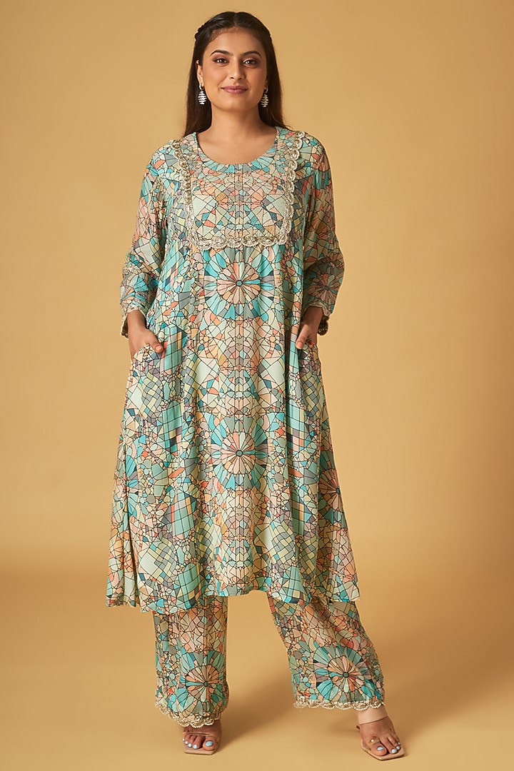 Multi-Colored Crepe Printed & Badla Embroidered Tunic Set by Maisolos ...