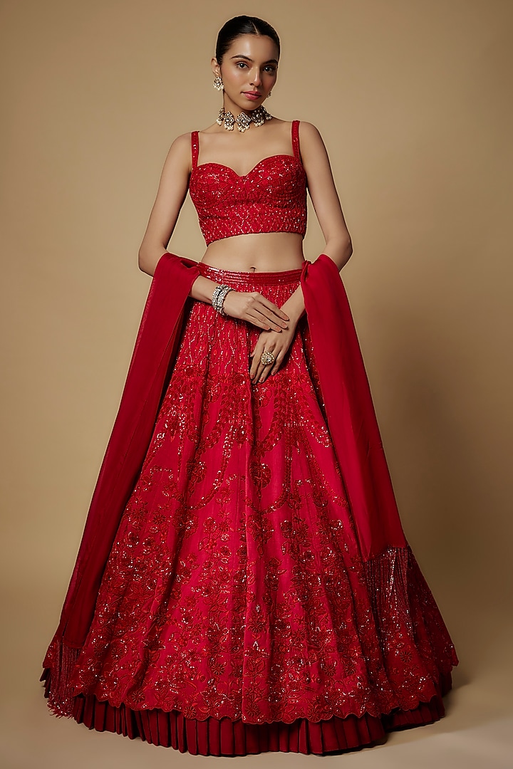 Red Raw Silk Cutdana & Beads Embroidered Bridal Lehenga Set by Maisolos ...