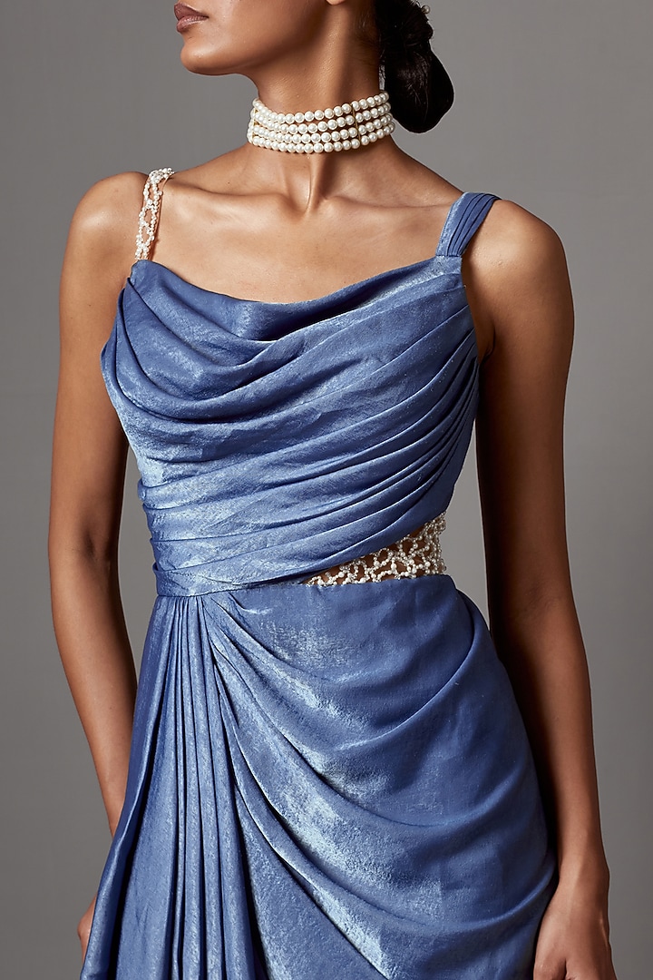 Dust Blue Satin Crepe Draped Gown Saree by Mala and Kinnary at Pernia's ...