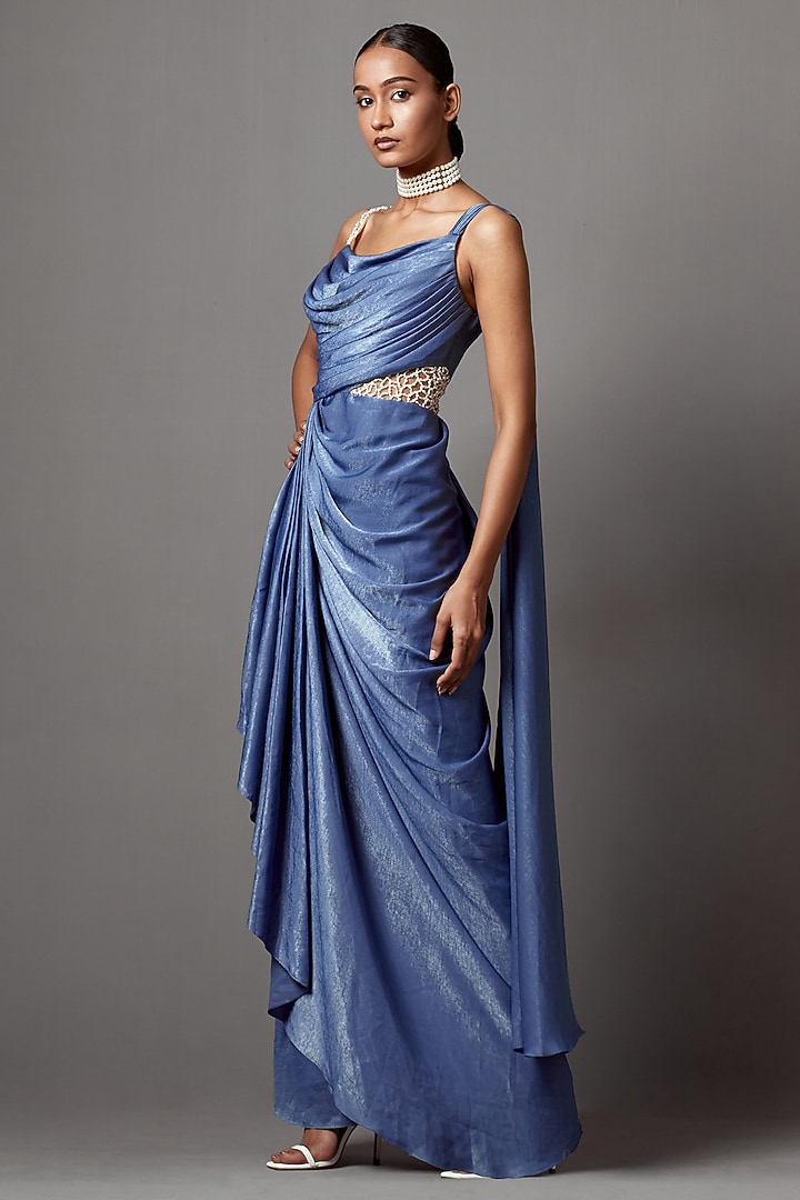 Dust Blue Satin Crepe Draped Gown Saree by Mala and Kinnary at Pernia's ...