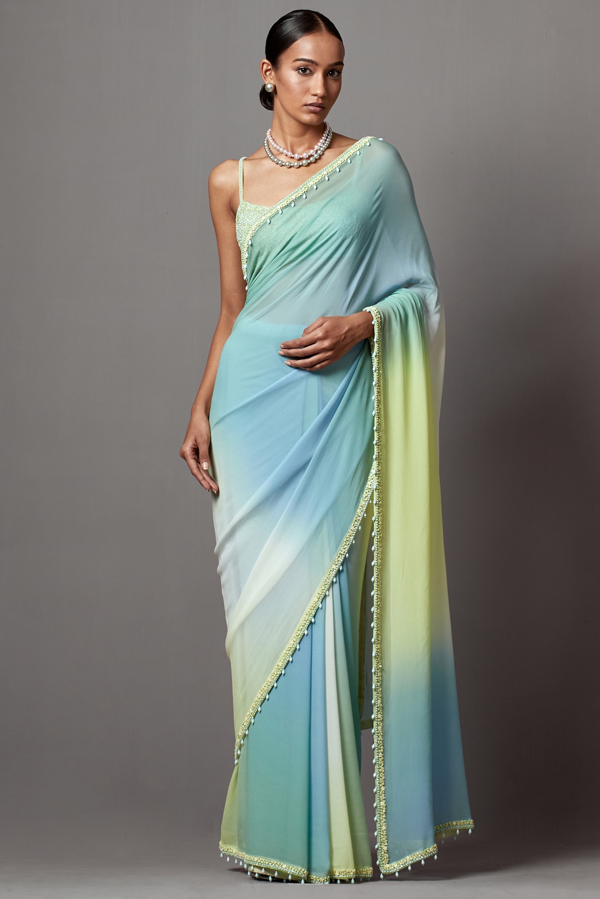 Blue & Green Ombre Georgette Sequins Saree Set by Mala and Kinnary at ...