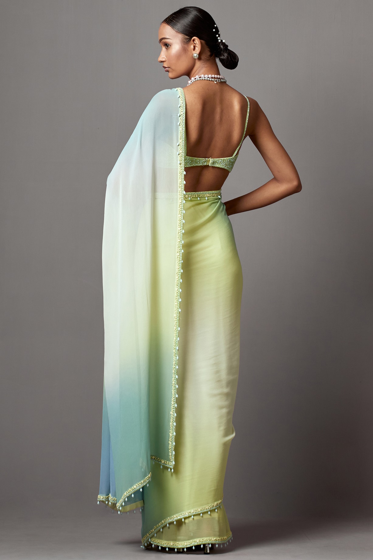 Blue & Green Ombre Georgette Sequins Saree Set by Mala and Kinnary at ...