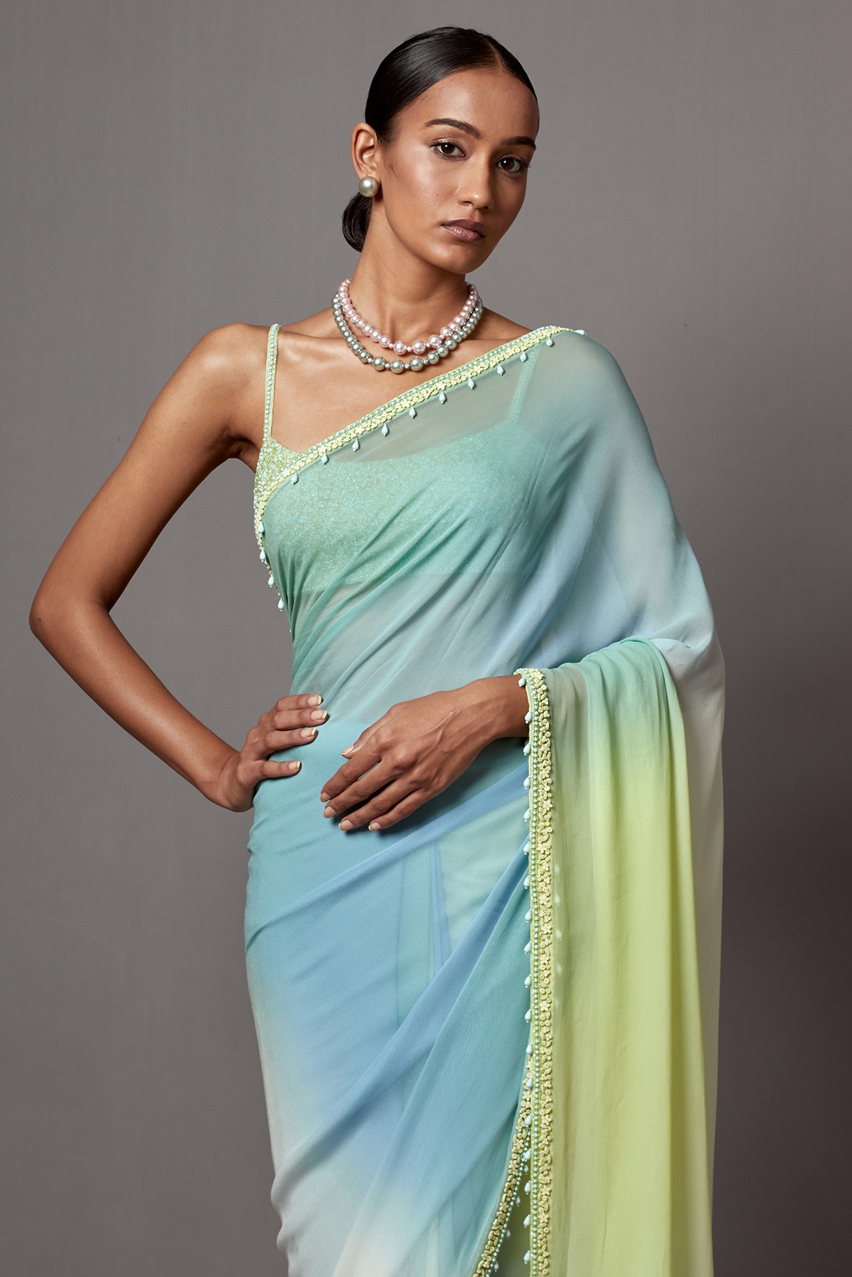Blue & Green Ombre Georgette Sequins Saree Set by Mala and Kinnary at ...