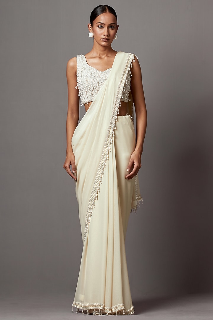 Ivory Foil Georgette & Net Pearl Handwork Jacket Saree Set by Mala and ...