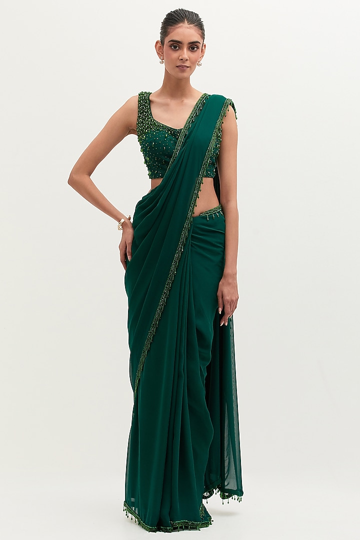 Emerald Green Georgette Embroidered Saree Set by Mala and Kinnary at ...
