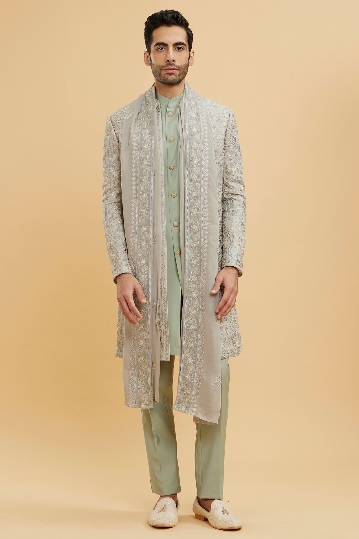 Green Georgette Embroidered Indowestern Set by Twamev at Pernia's Pop ...