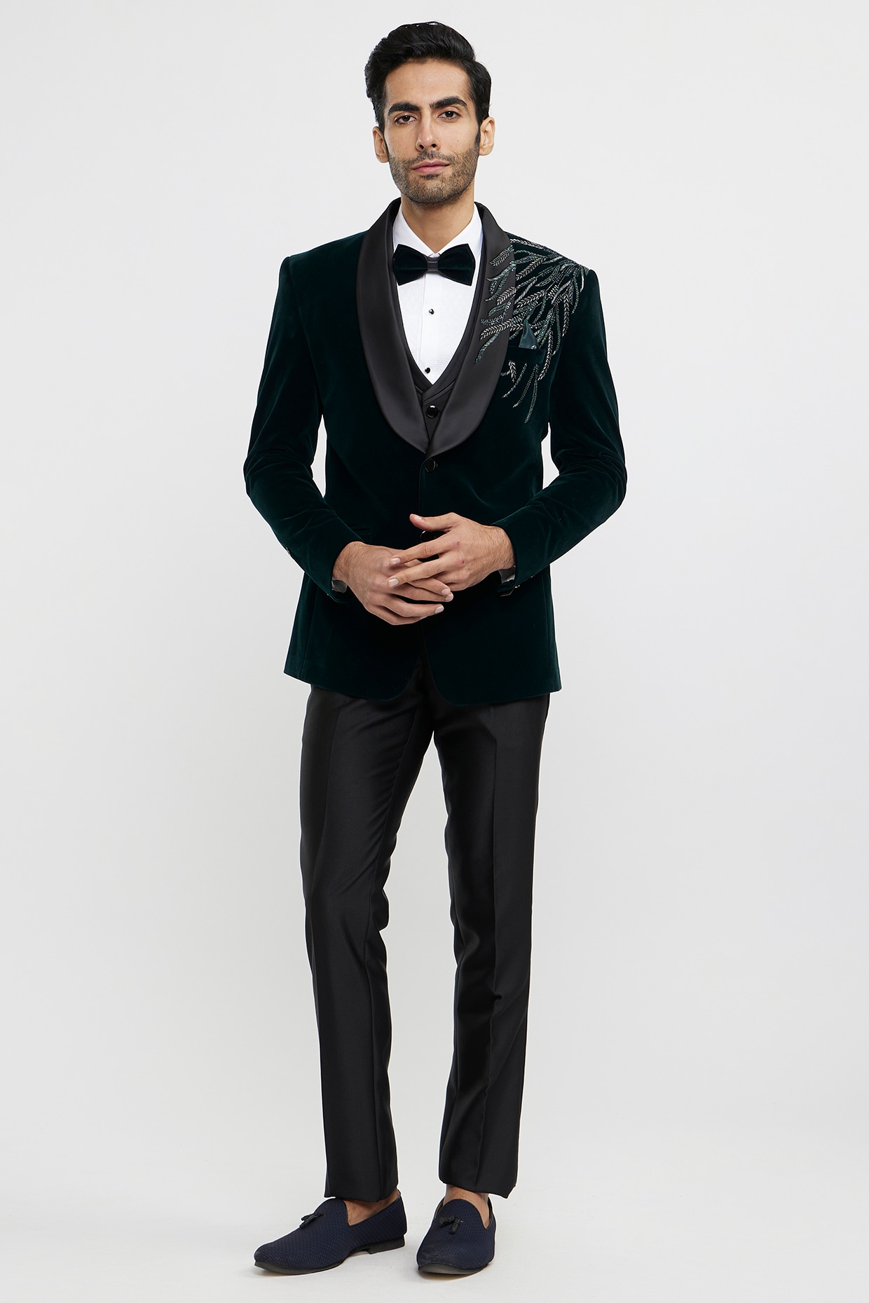 Dark Green Velvet Hand Embroidered Blazer Set by Twamev at Pernia's Pop ...