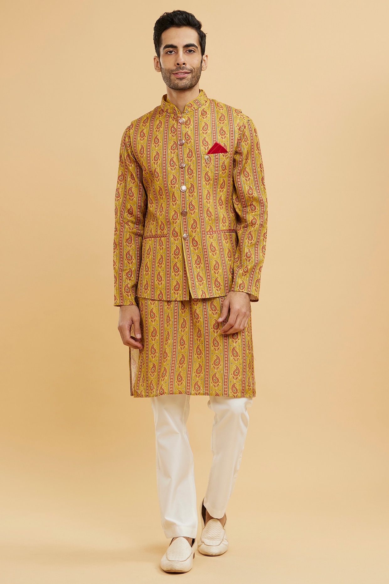 Mustard Yellow Chiffon Digital Printed & Embroidered Nehru Jacket Set ...
