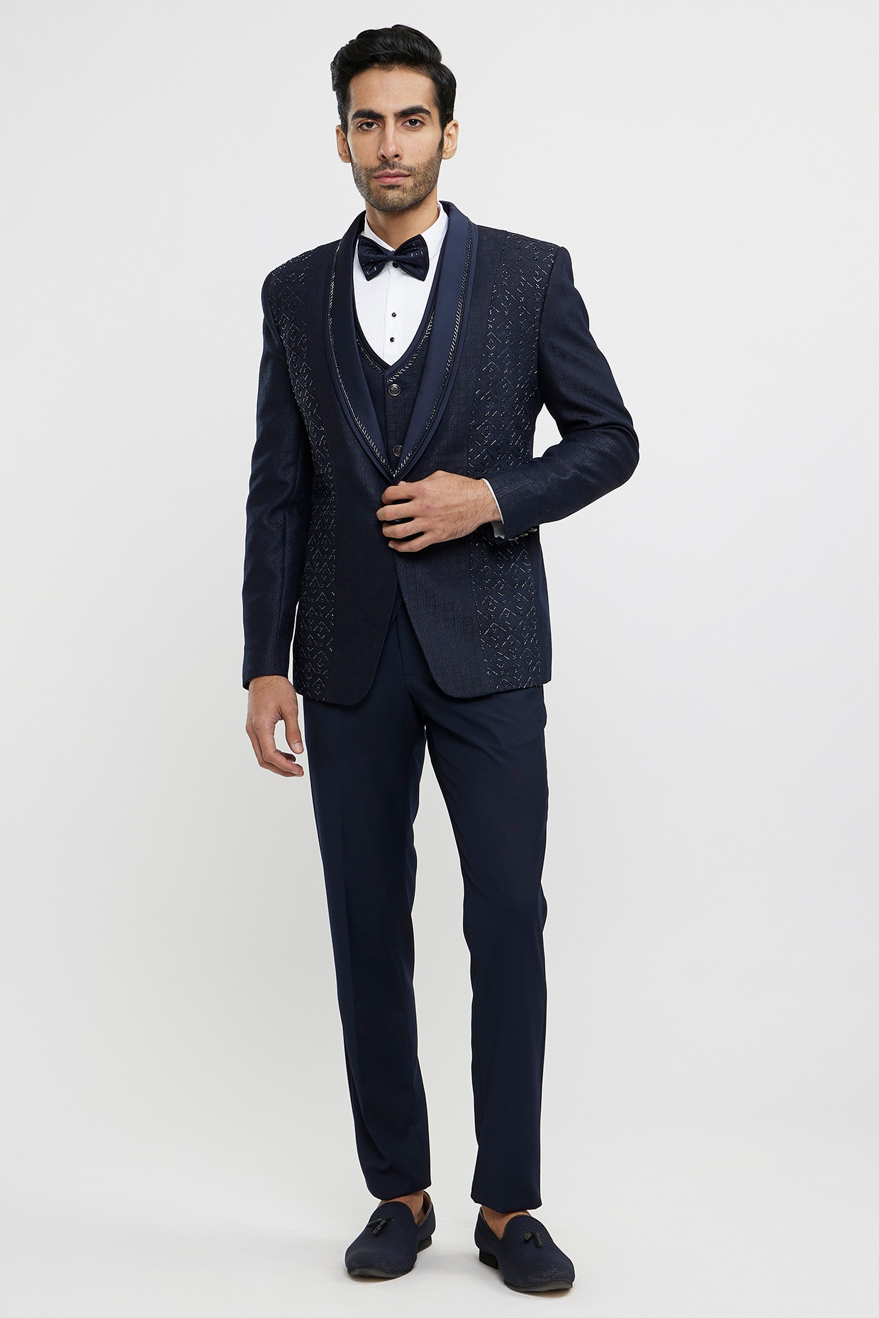 Midnight Blue Blended Rayon Hand Embroidered Blazer Set by Twamev at ...