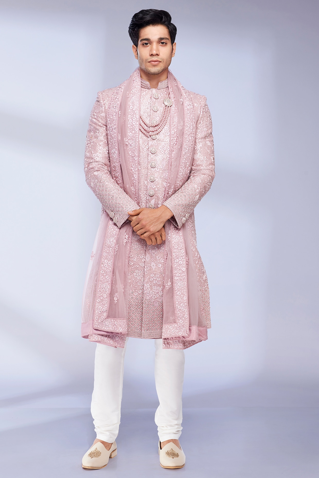 Dusty Pink Net Thread Embroidered Wedding Sherwani Set by Twamev at ...