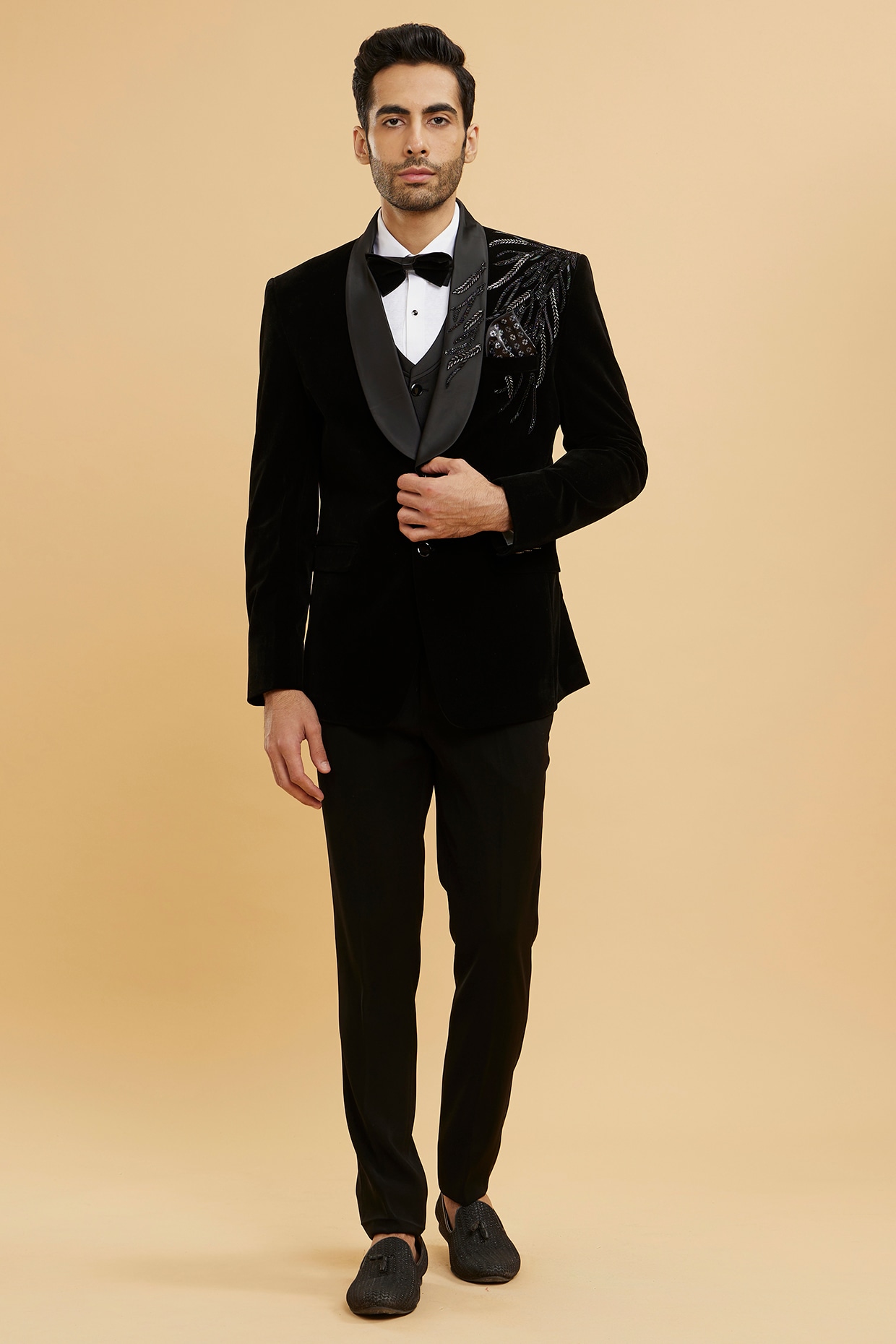 Black Velvet Hand Embroidered Blazer Set by Twamev at Pernia's Pop Up ...