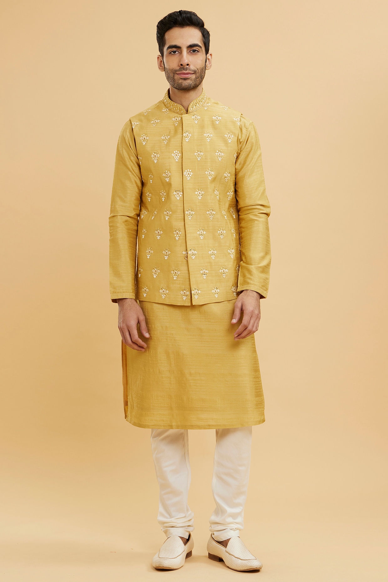 Yellow Art Silk Boota Embroidered Nehru Jacket Set by Twamev at Pernia ...