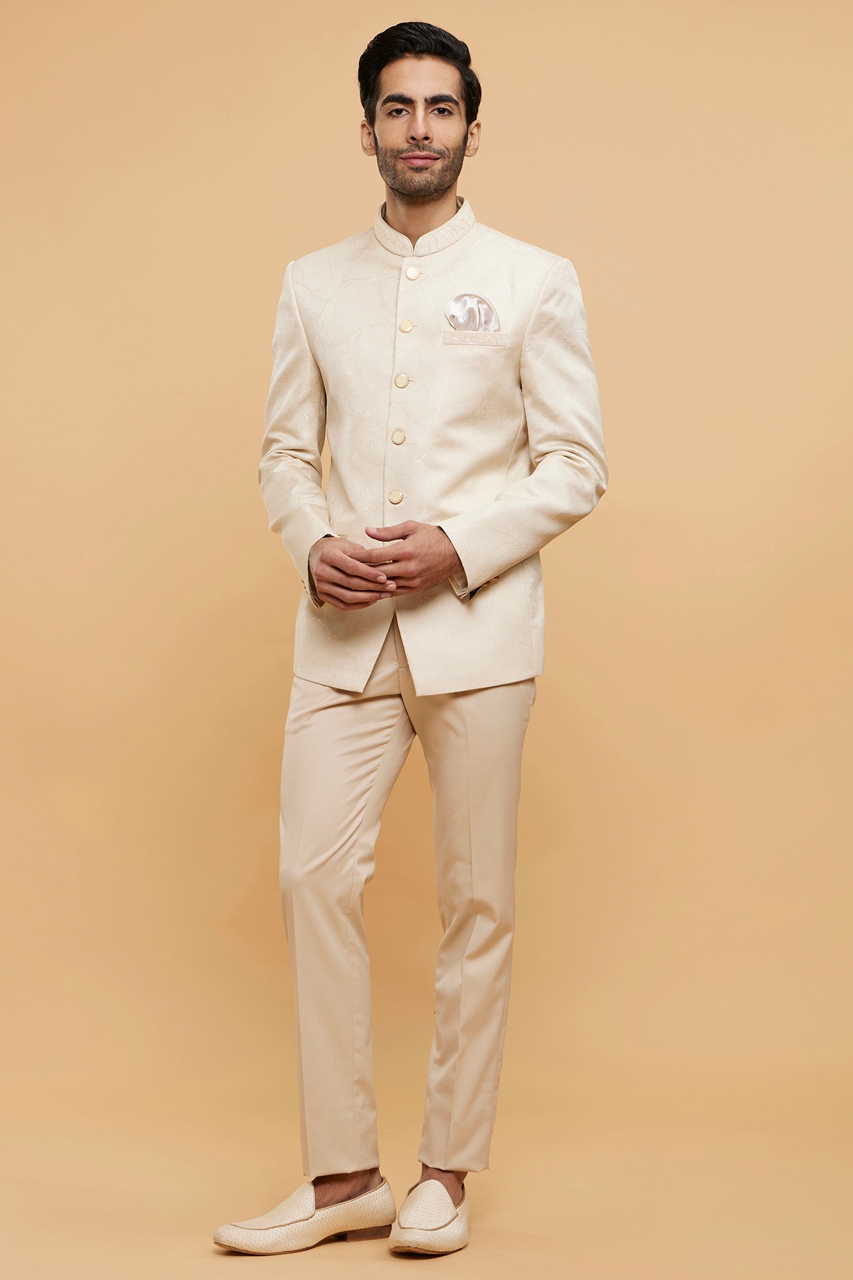 Cream Blended Rayon Hand Embroidered Jodhpuri Set by Twamev at Pernia's ...