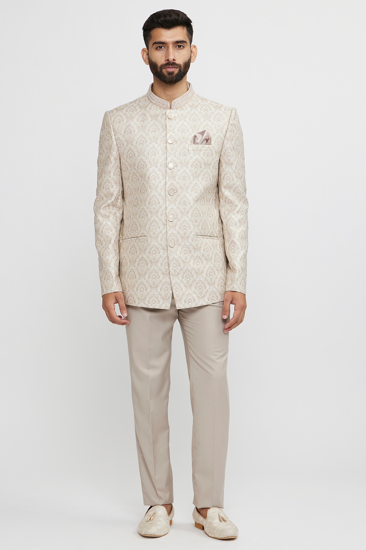 Beige Brocade Hand Embroidered Jodhpuri Set by Twamev at Pernia's Pop ...
