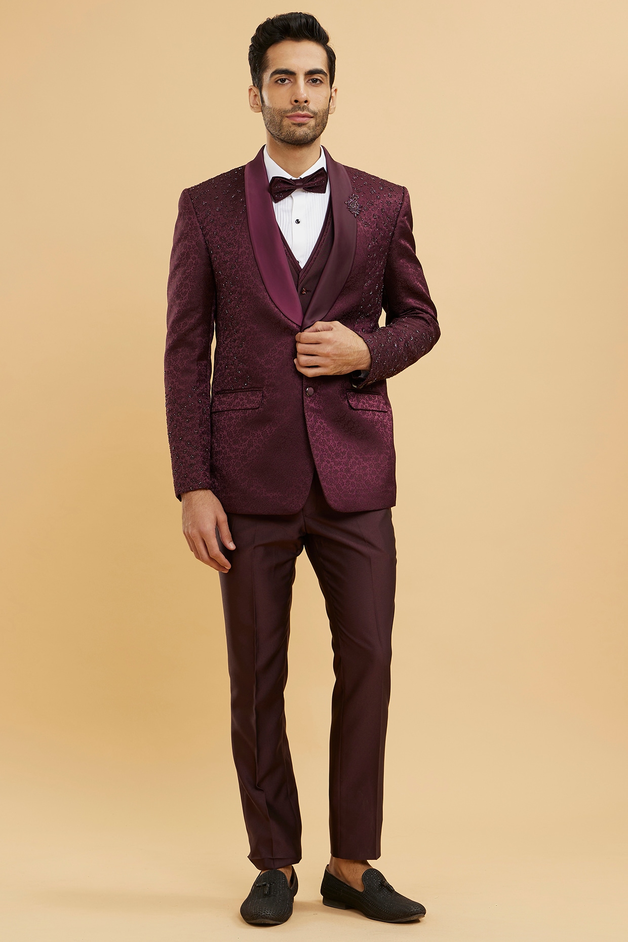 Wine Brocade Stone Embellished Blazer Set by Twamev at Pernia's Pop Up ...