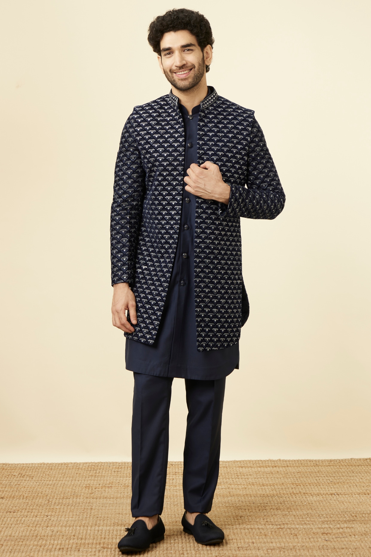 Dark Blue Velvet Indo-Western Set by Twamev at Pernia's Pop Up Shop 2025