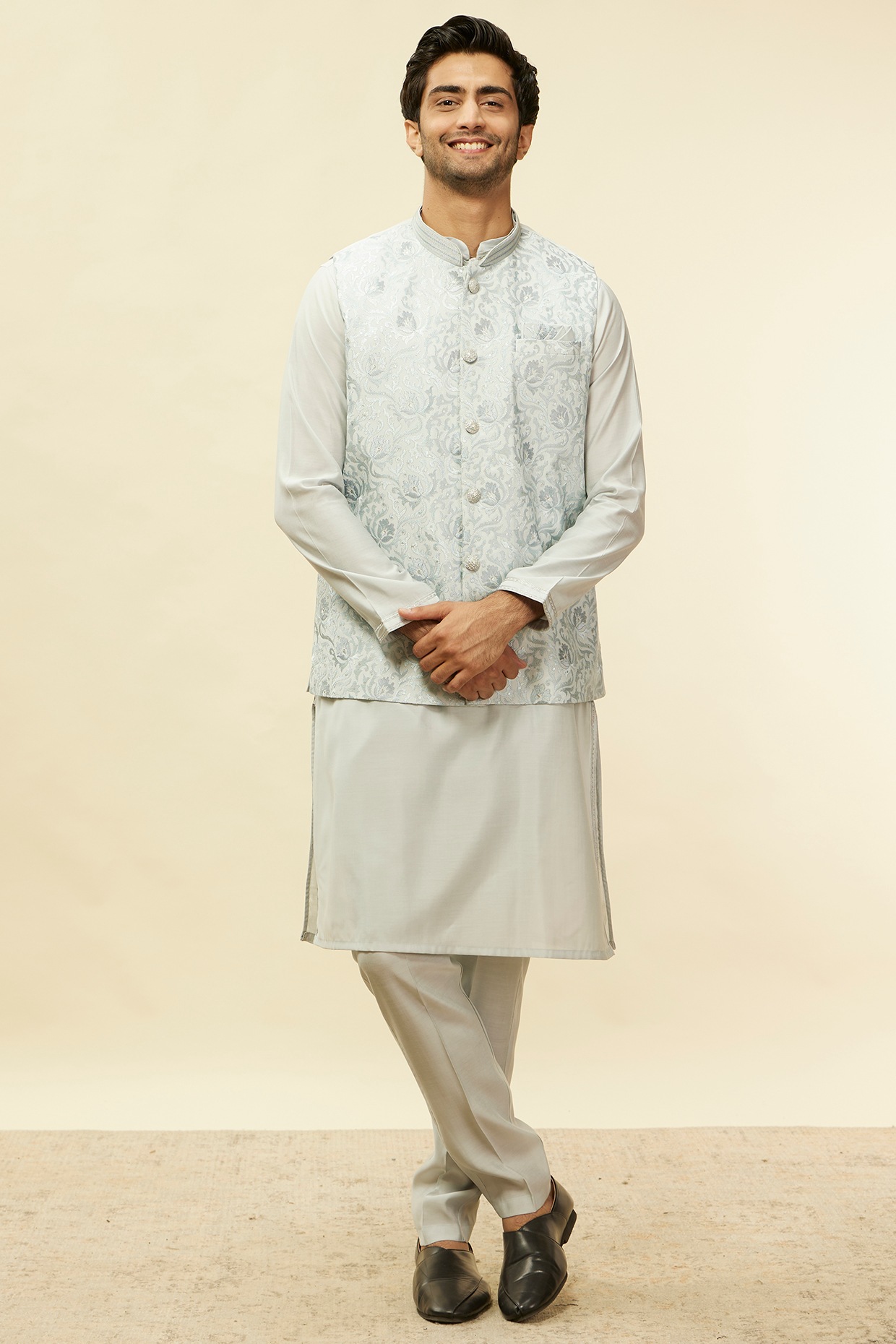 Luxe Blue Blended Viscose Sequins Nehru Jacket Set by Twamev at Pernia ...