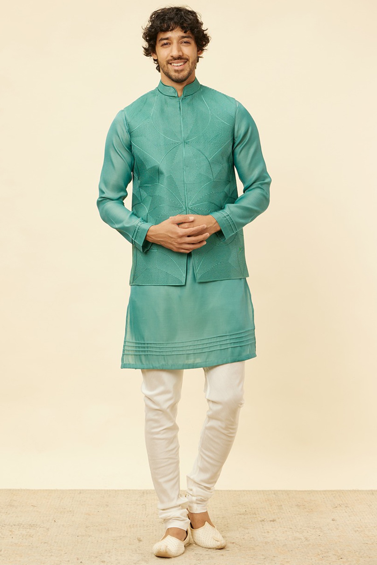 Mid Green Art Silk Nehru Jacket Set by Twamev at Pernia's Pop Up Shop 2025