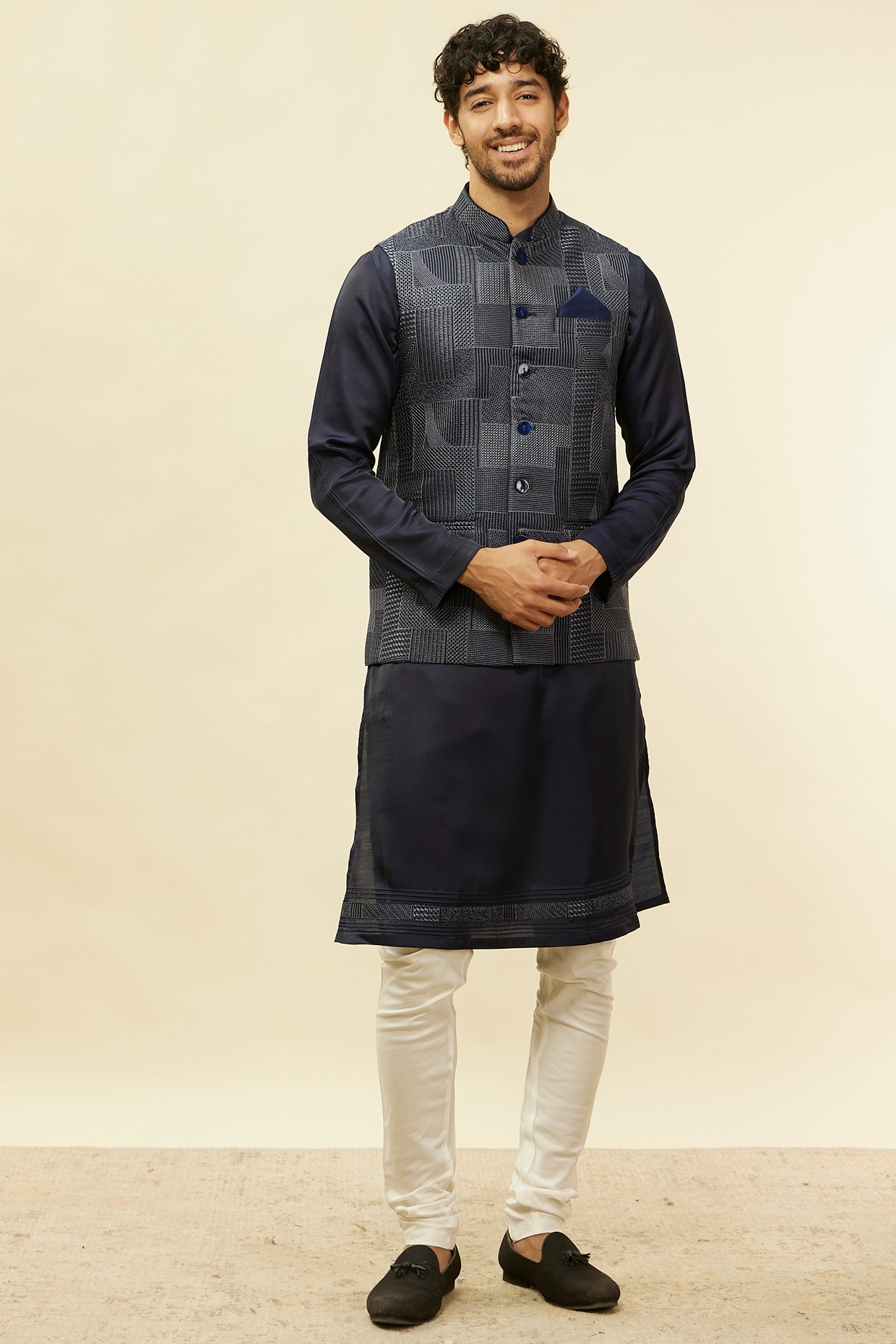 Dark Blue Satin Nehru Jacket Set by Twamev at Pernia's Pop Up Shop 2025