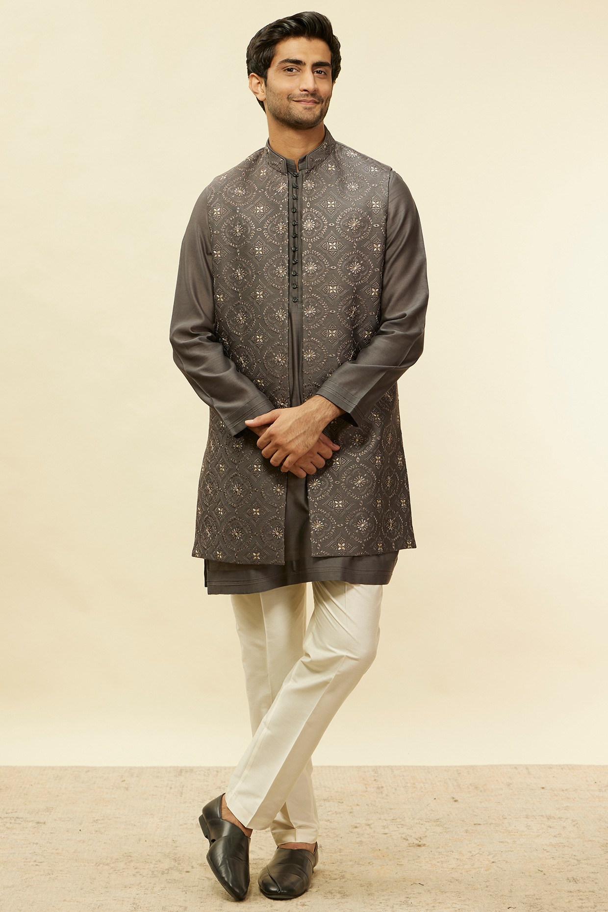 Dark Grey Art Silk Embroidered Indo-Western Jacket Set by Twamev at ...