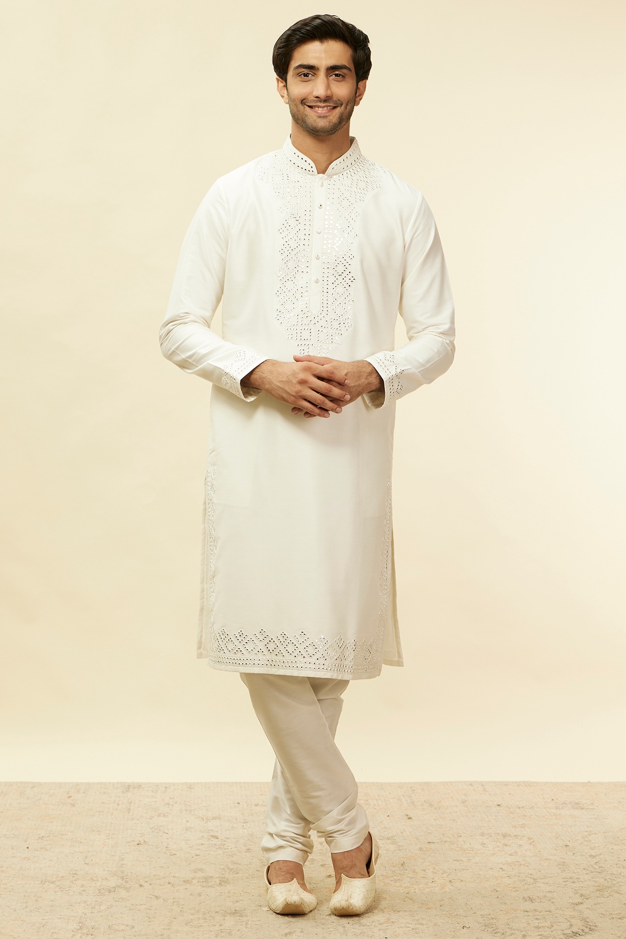 Warm White Blended Viscose Foil Mirror Embroidered Kurta Set by Twamev ...