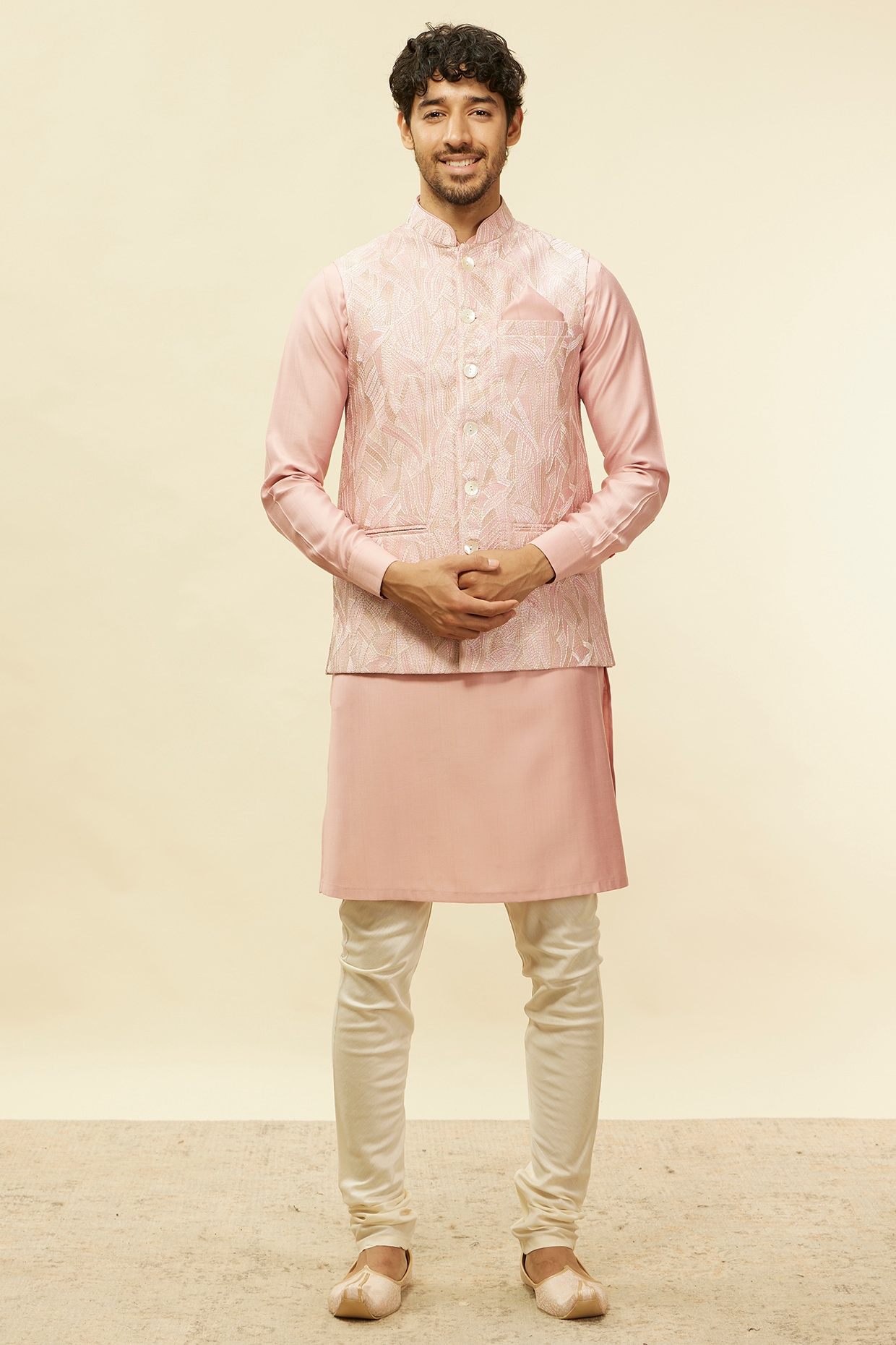 Blush Pink Satin Bundi Jacket Set by Twamev at Pernia's Pop Up Shop 2025