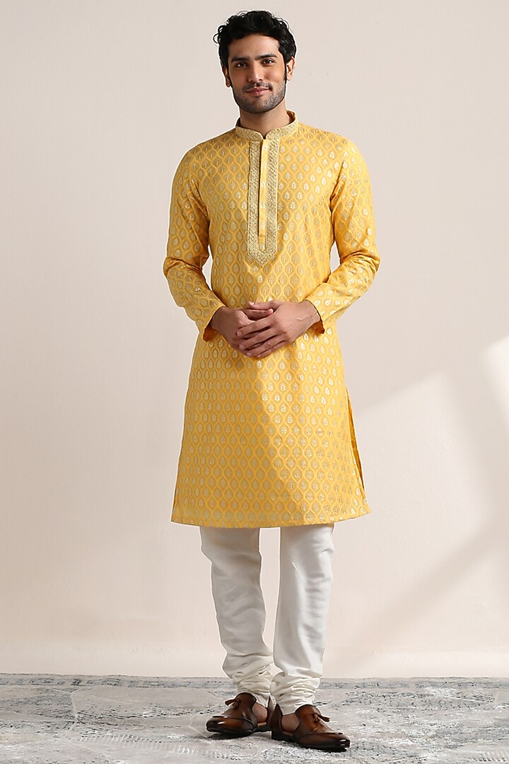 Golden Yellow Blended Cotton Embroidered Kurta Set by Twamev at Pernia ...