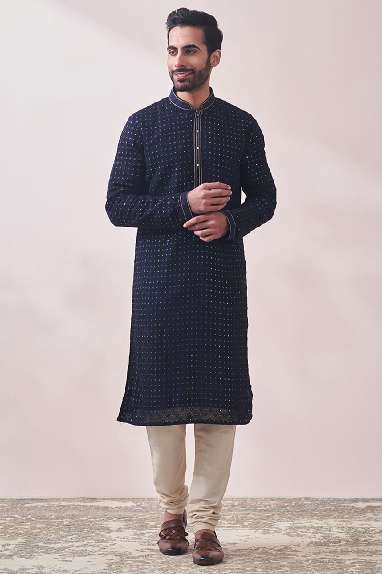 Deep Blue Georgette Chikankari Embroidered Kurta Set by Twamev at ...