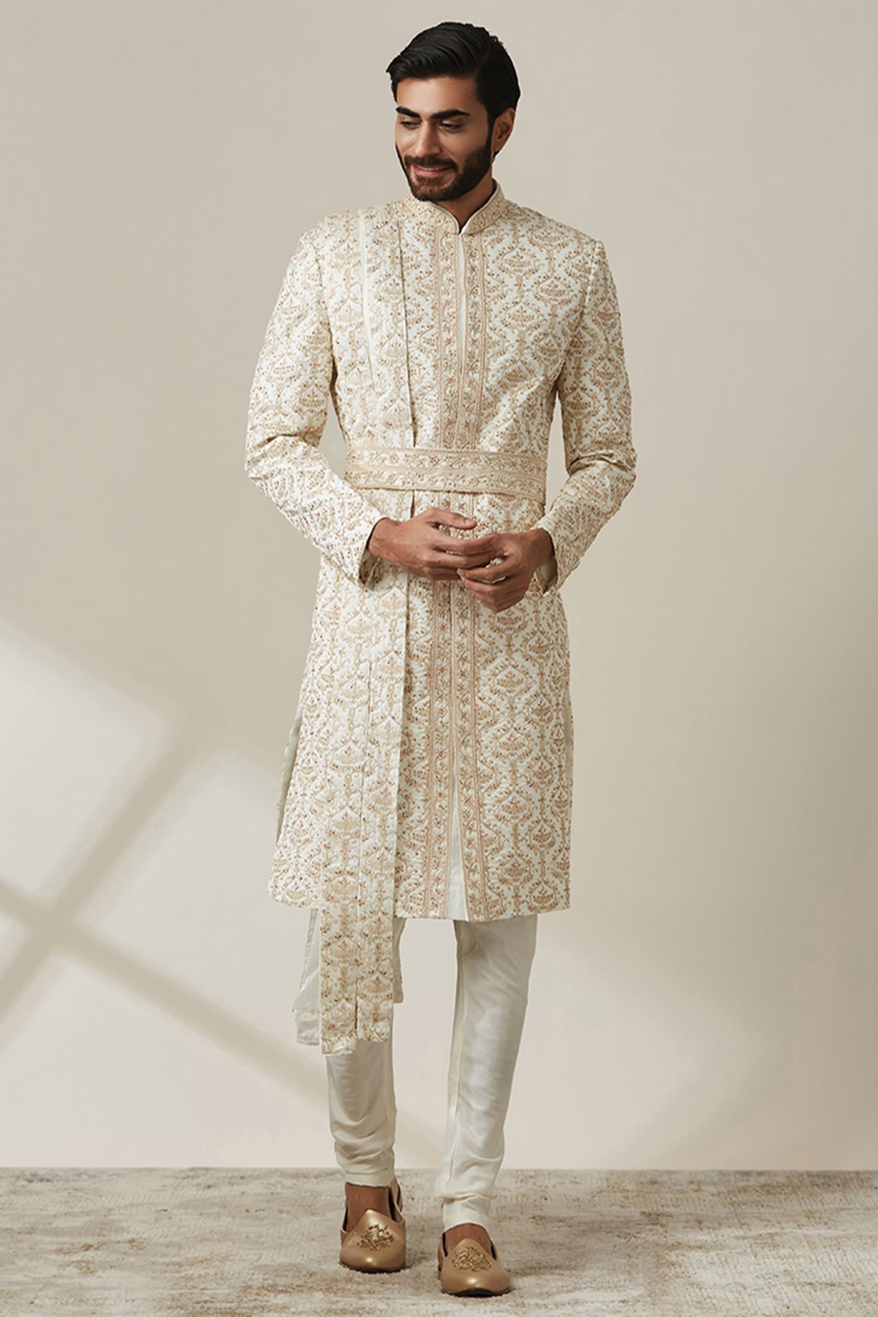 Off-White Art Silk Embroidered Wedding Sherwani Set by Twamev at Pernia ...