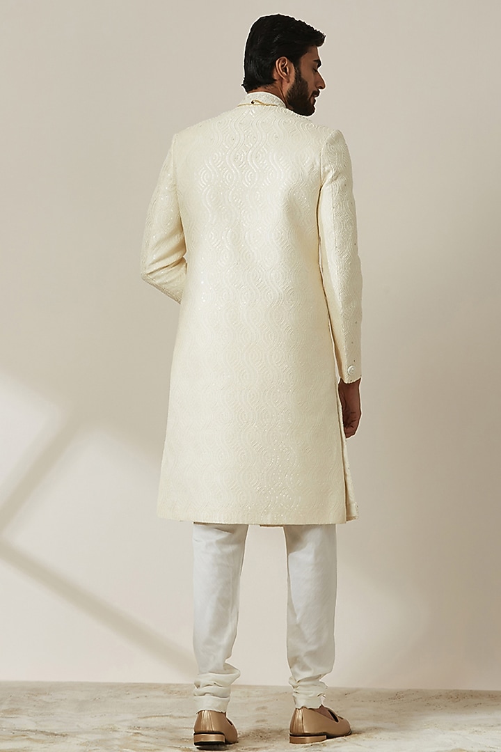 Buy Twamev Off-White Blended Cotton Chikankari Embroidered Sherwani Set ...